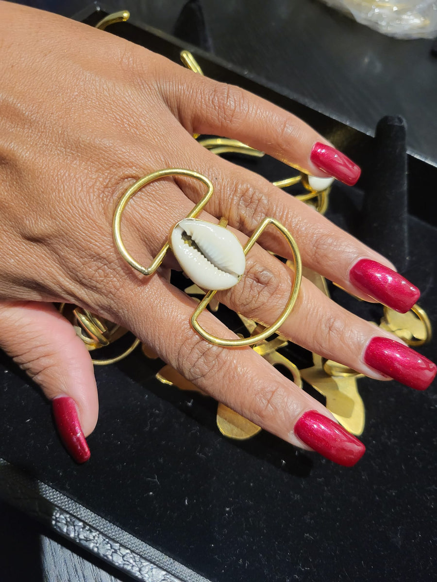 Adjustable Kenyan XL Cowry Shell Golden Half Moon Ring – Ankara Delights