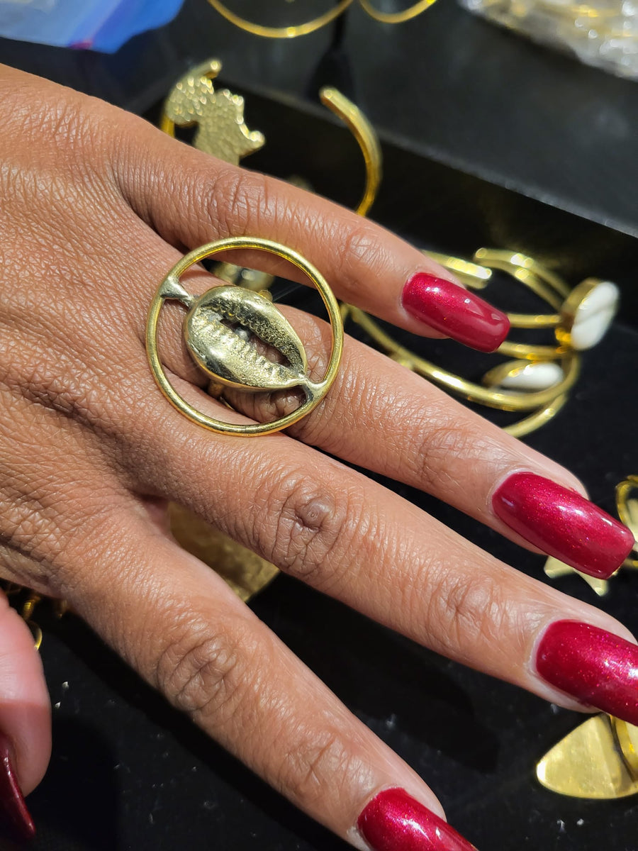 Adjustable Kenyan Golden Cowry Shell Ring – Ankara Delights